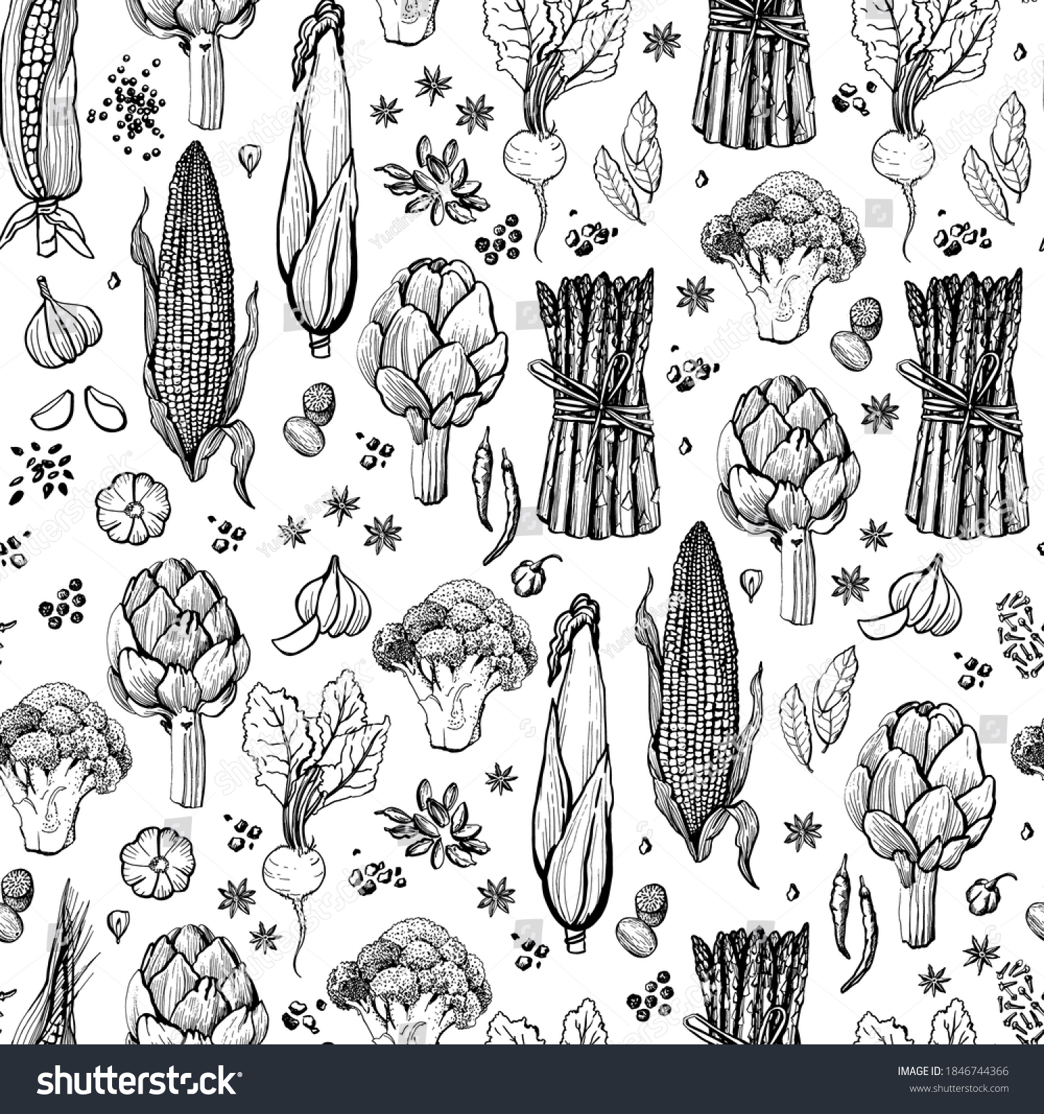 Graphic Vegetable Hand Drawn Pattern Vector Stock Vector (Royalty Free ...