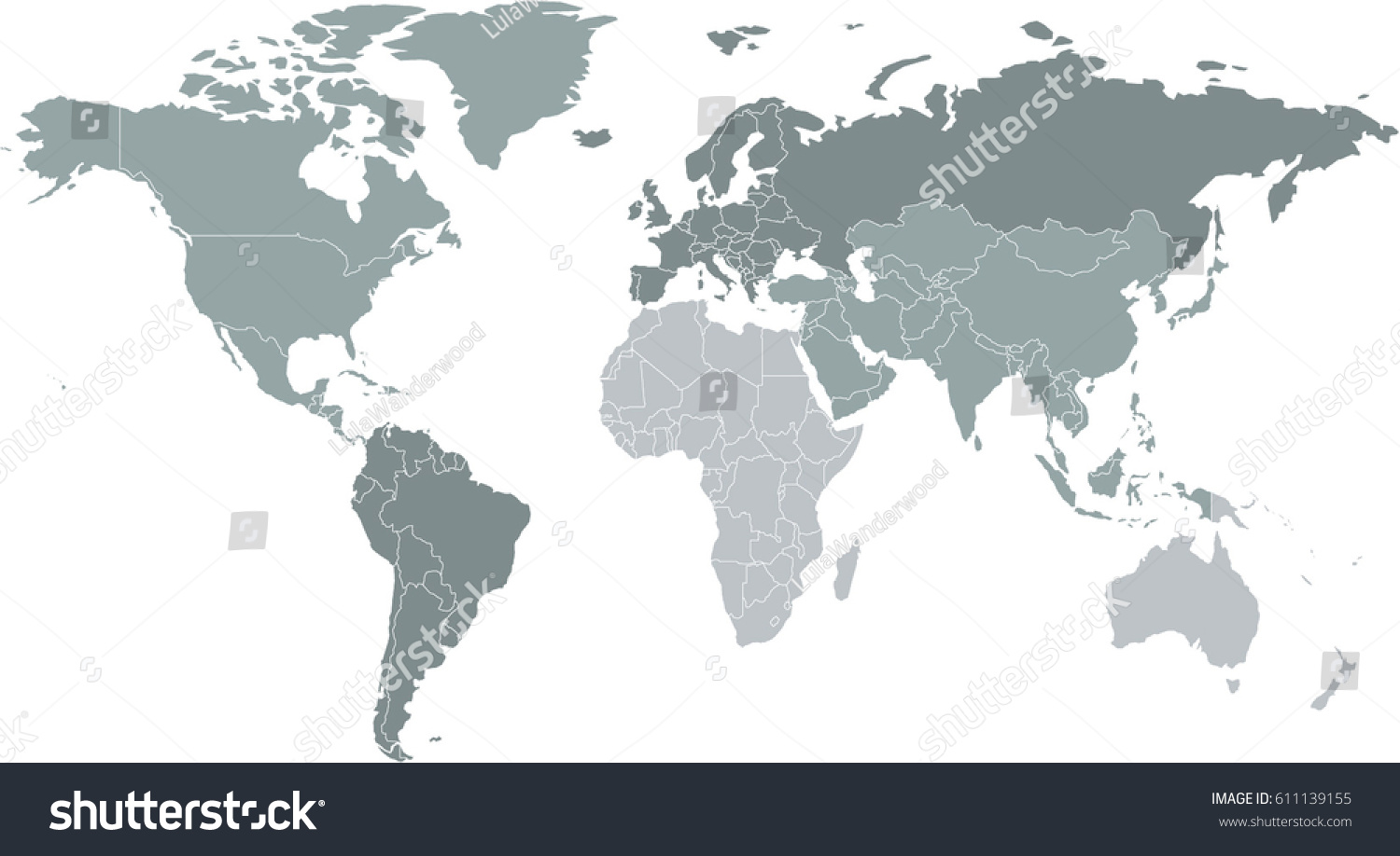 Vektor Stok Grayscale World Map Countries (Tanpa Royalti) 611139155 ...
