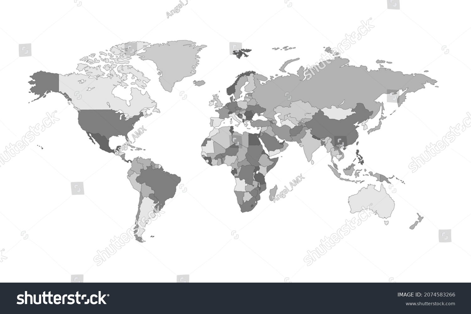 Grayscale World Map Countries Borders Outline Stock Vector (Royalty ...