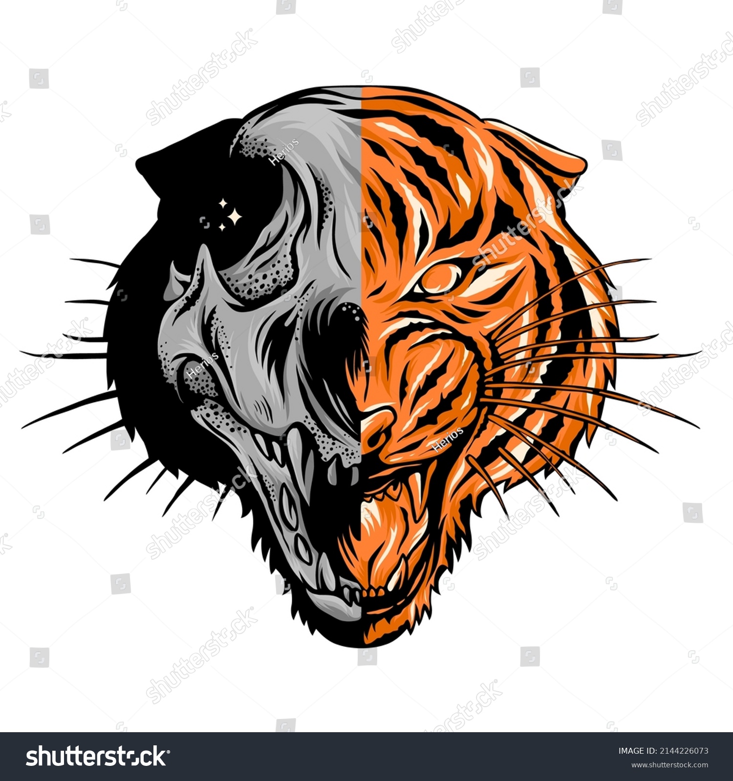 Half Skull Tiger Head Design Stock Vector (Royalty Free) 2144226073 ...