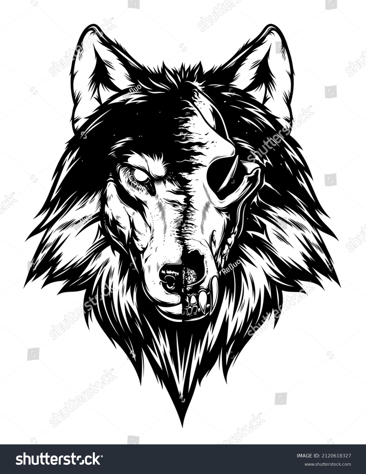 Half Skull Wolf Head Digital Ink Stock Vector (Royalty Free) 2120618327
