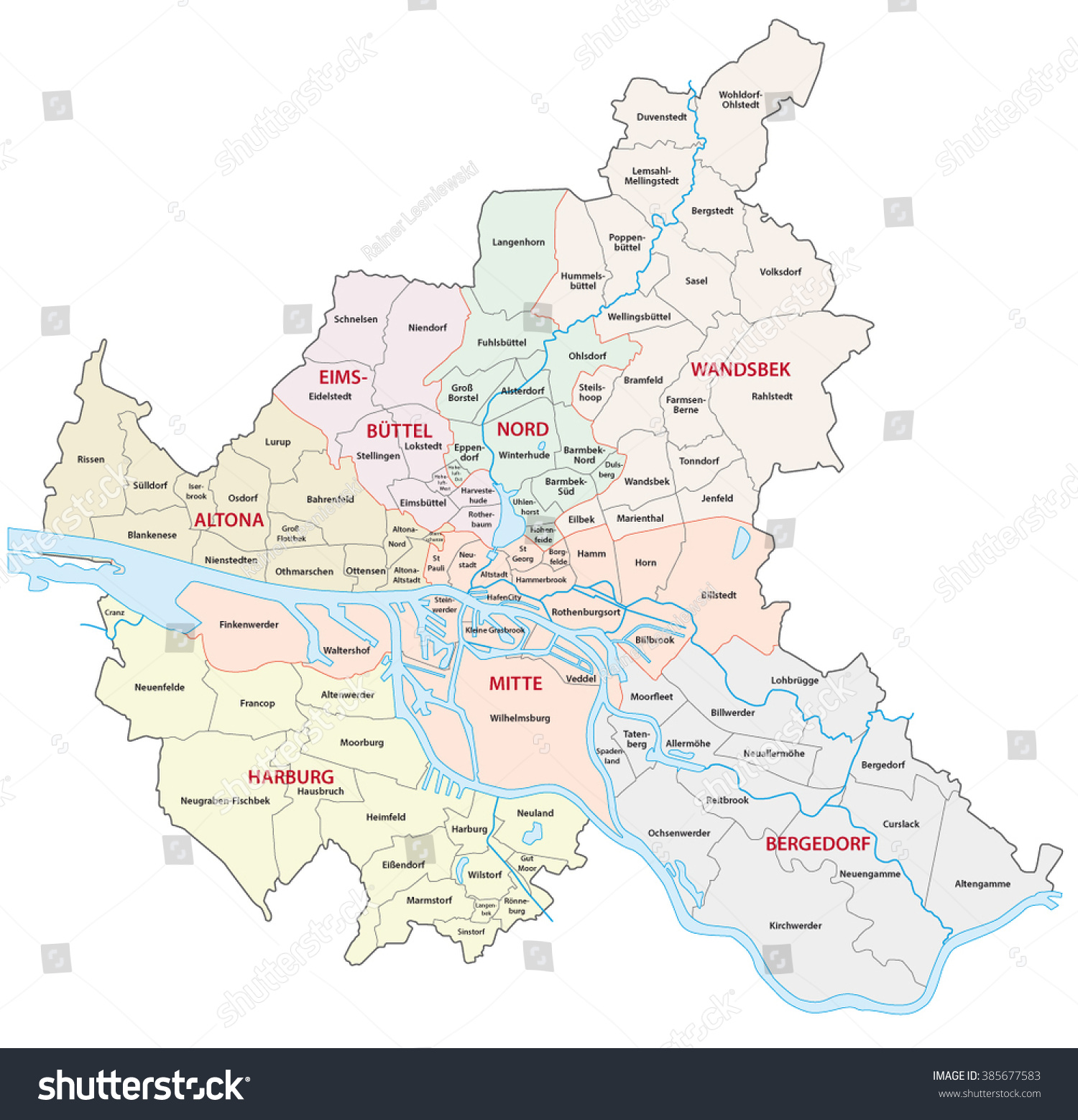 Hamburg Administrative Map Stock Vector (Royalty Free) 385677583 ...
