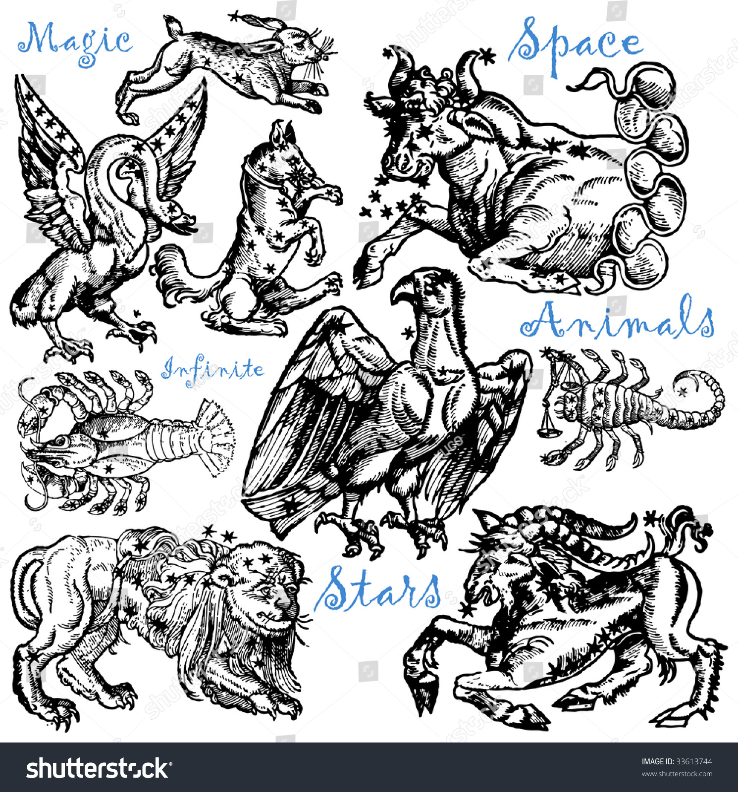 Hand Drawing Vector Picture Space Animals 스톡 벡터(로열티 프리) 33613744 ...