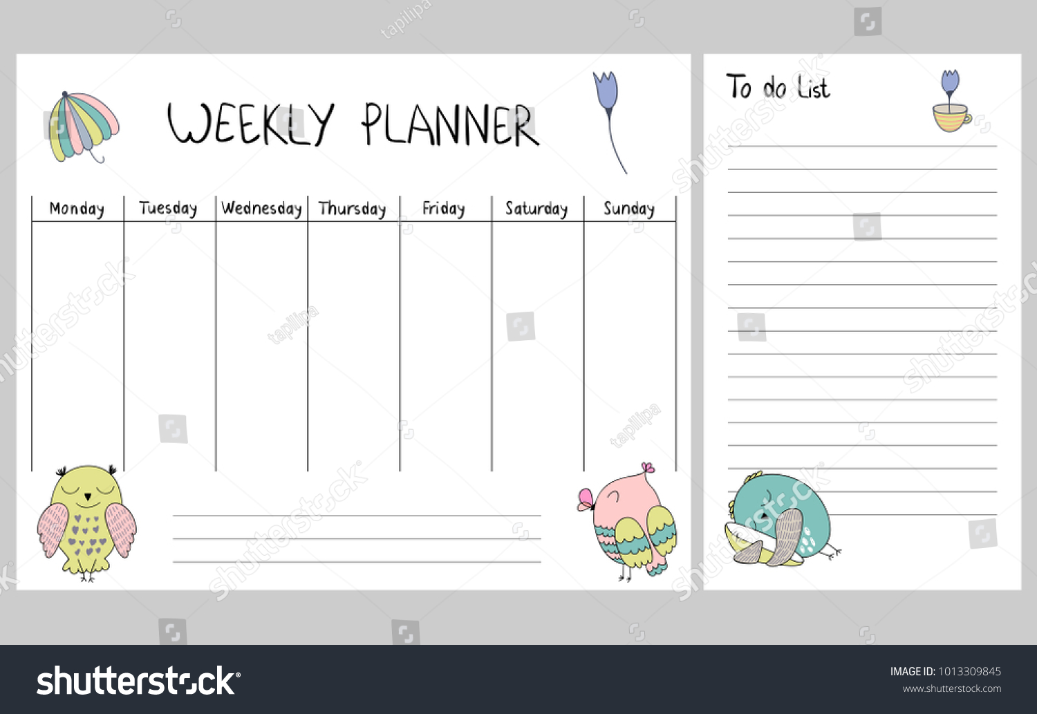 Hand Drawing Vector Weekly Planner Owls Stock Vector (Royalty Free ...