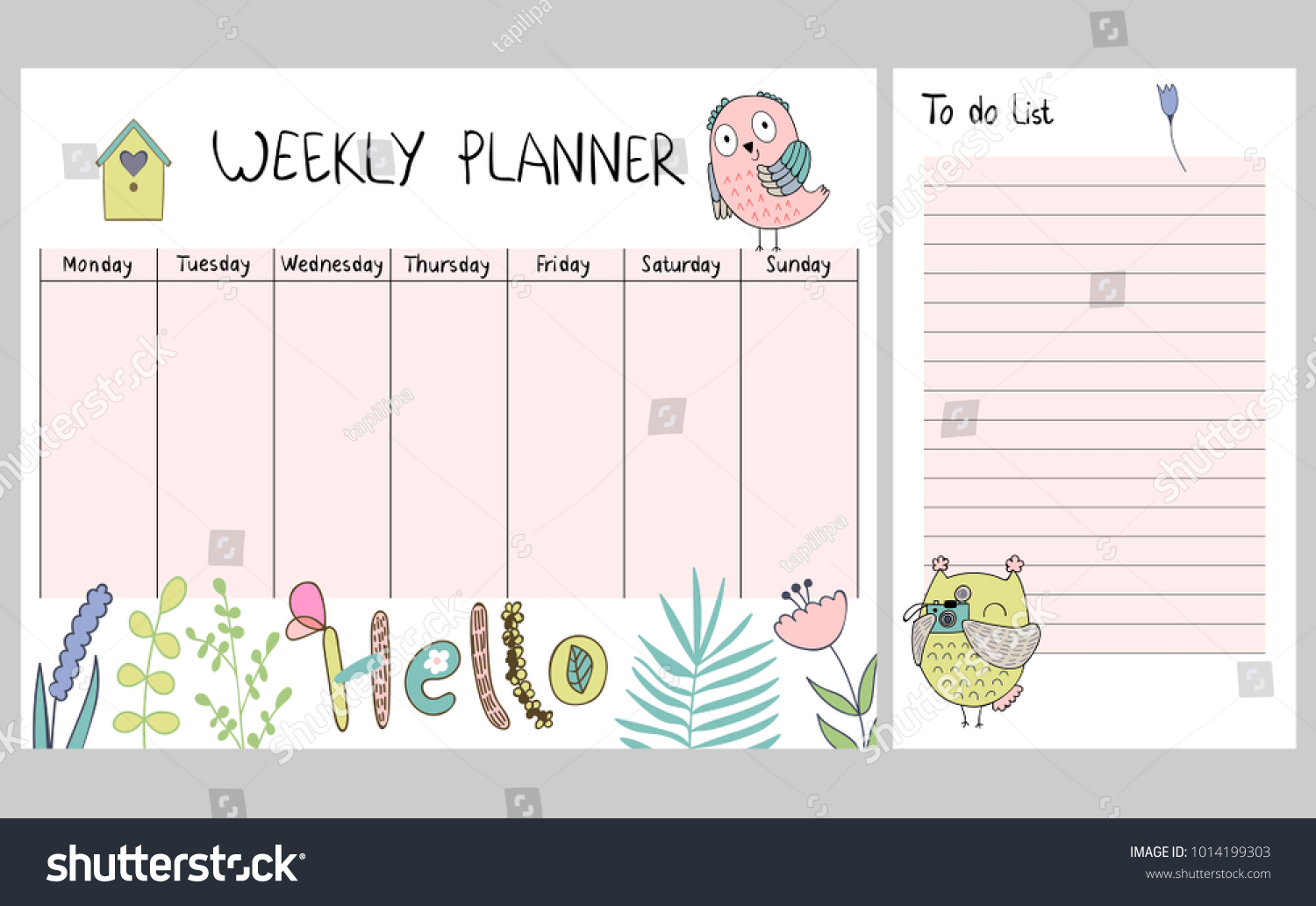Hand Drawing Vector Weekly Planner Owls Stock Vector (Royalty Free ...