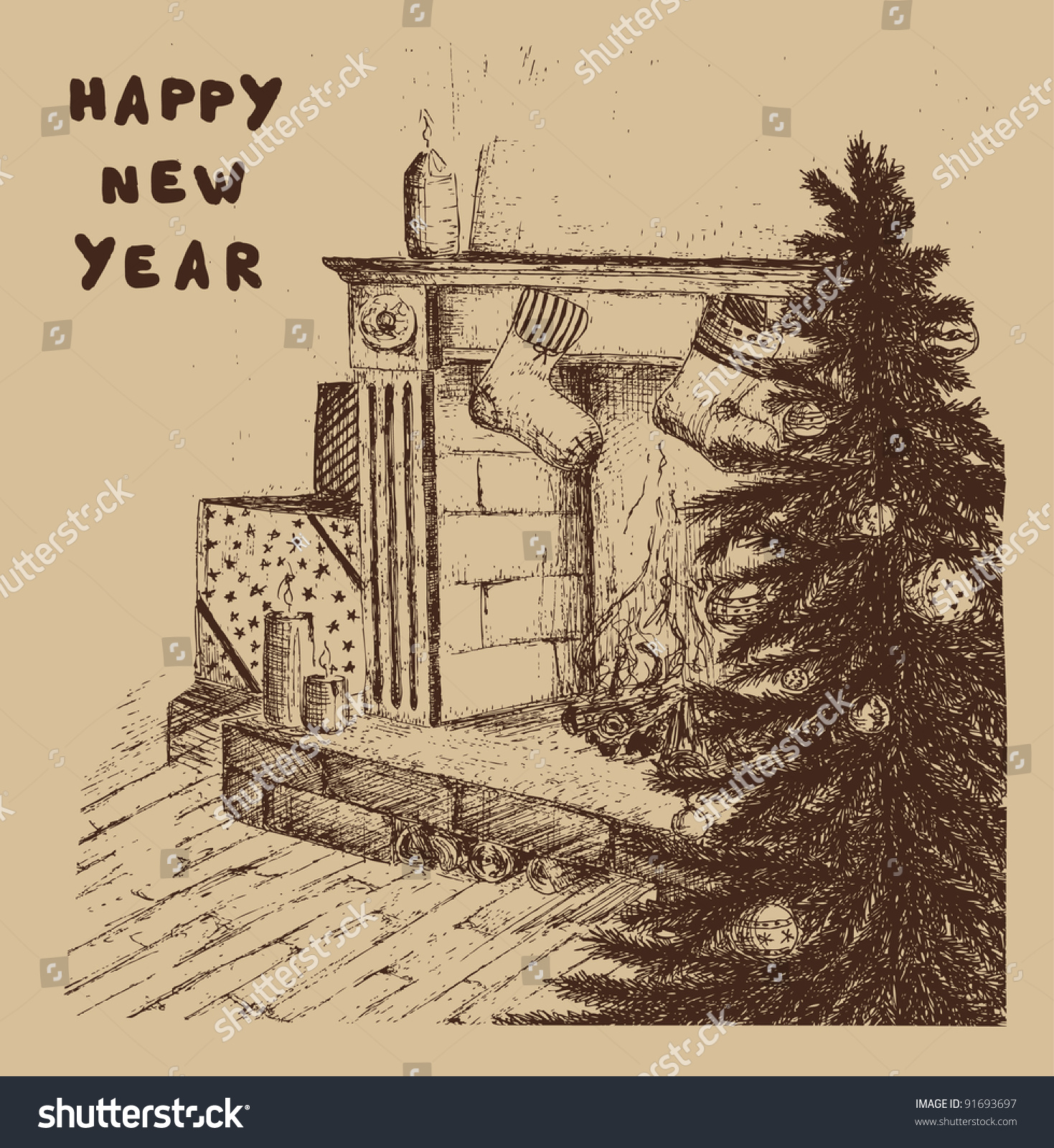 Handdrawn Christmas Fireplace Stock Vector 91693697 - Shutterstock