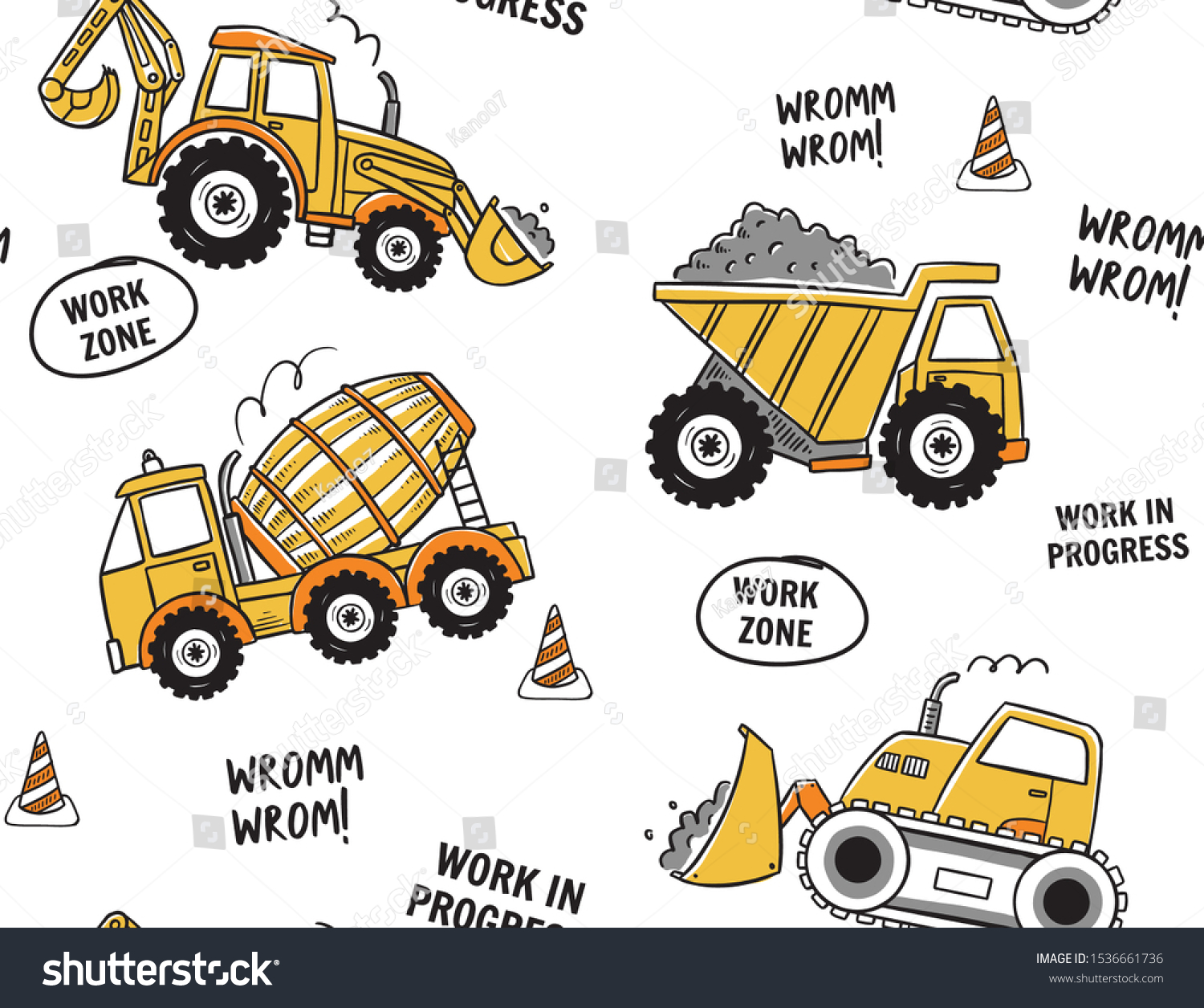 Hand Drawn Construction Machines Seamless Pattern Stock Vector (Royalty ...