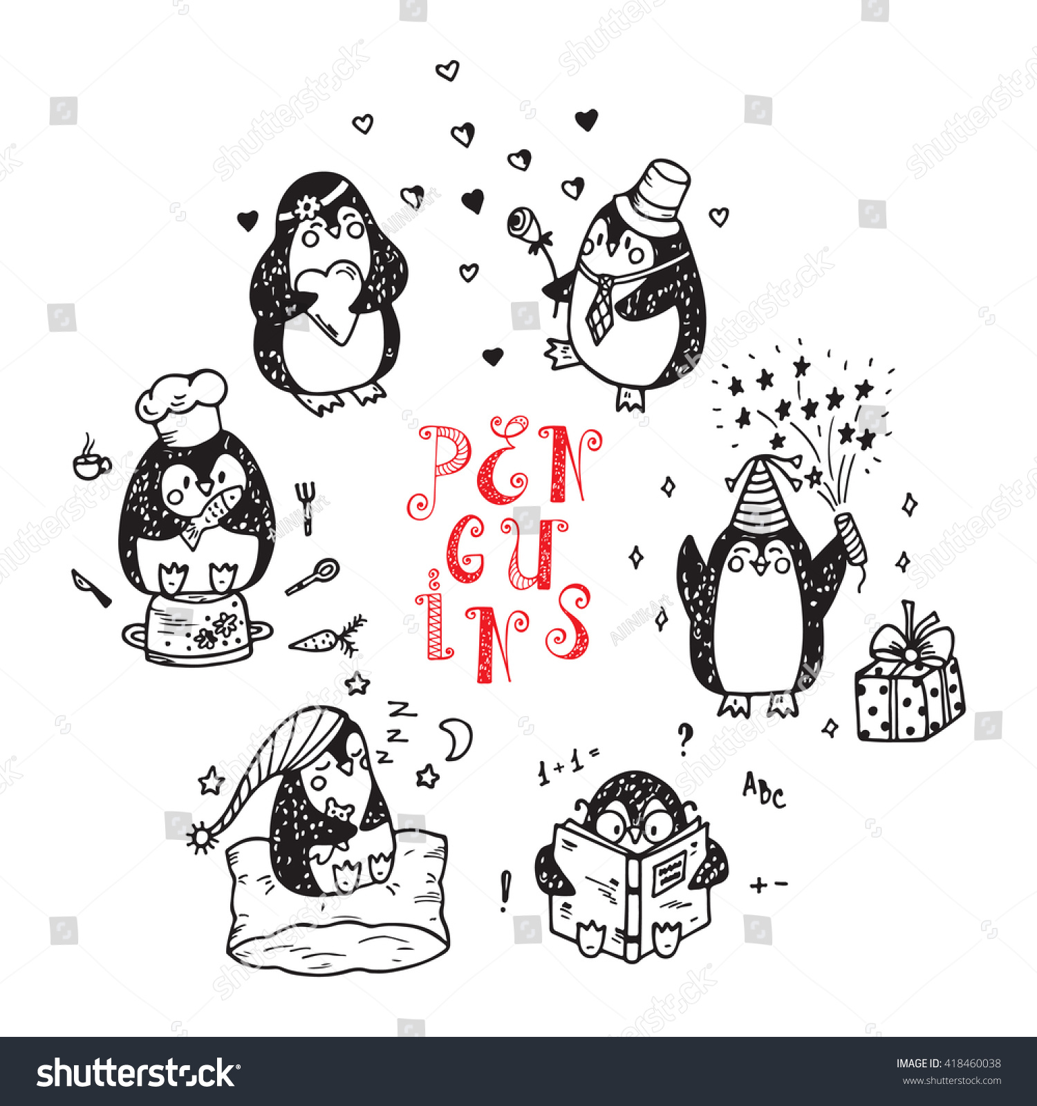Hand Drawn Doodle Cute Penguins Vector Stock Vector (Royalty Free ...