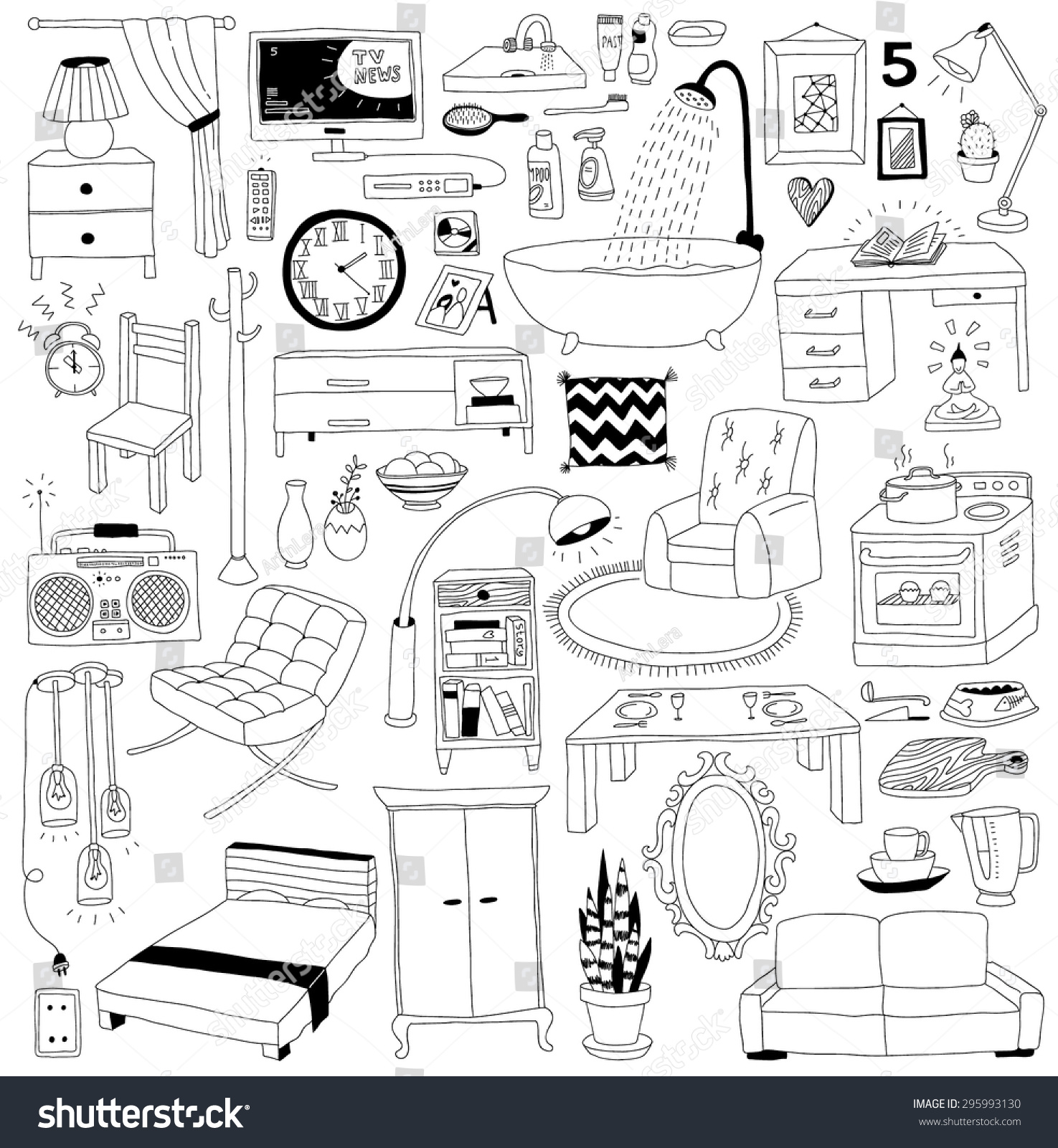 Hand-Drawn Doodles Interior Design Set 스톡 벡터 일러스트레이션 295993130 ...