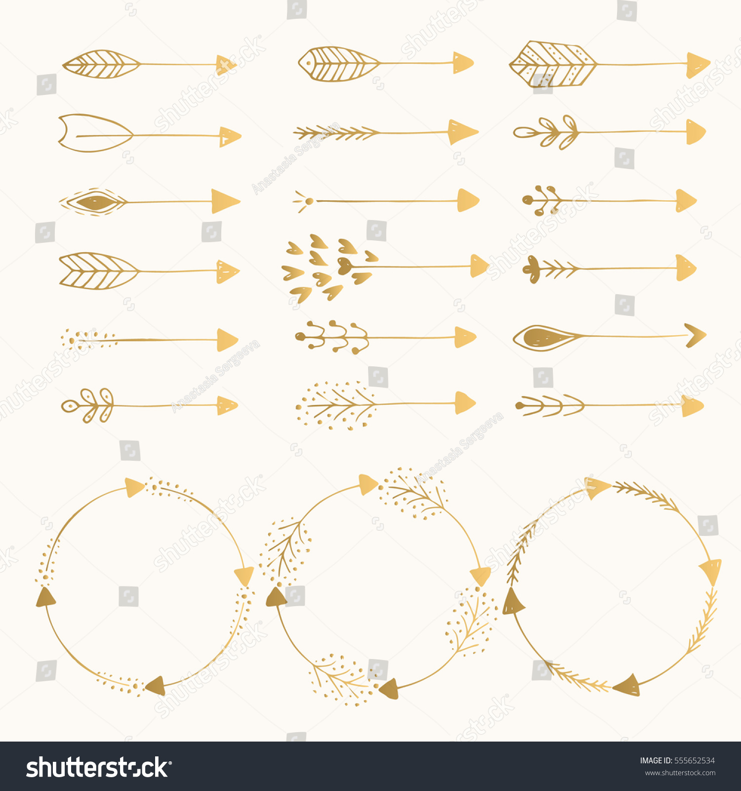 Handgezeichnete goldene Pfeile und Rahmen. Vektorgrafik.: Stock ...
