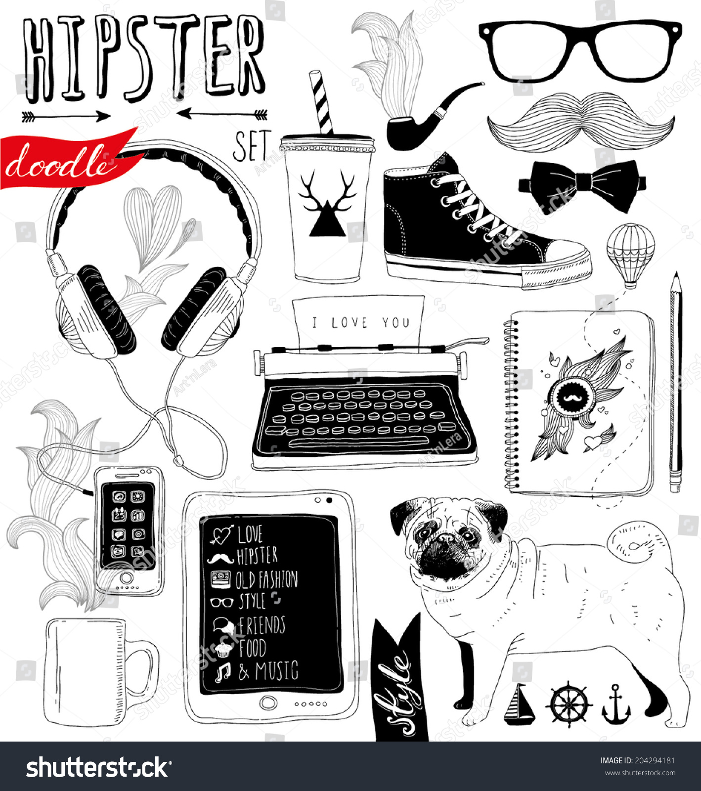 Hand-Drawn Hipster Doodle Set Stock Vector Illustration 204294181 ...