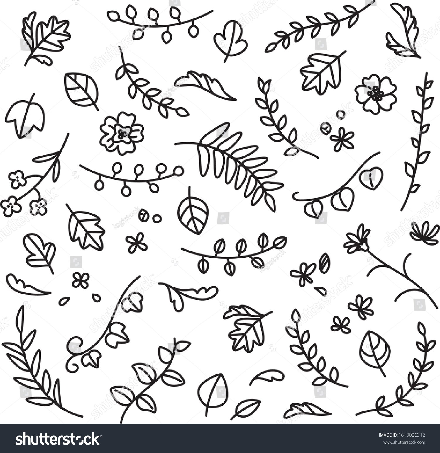 Hand Drawn Leaves Flowers Pattern Stock Vector (Royalty Free) 1610026312