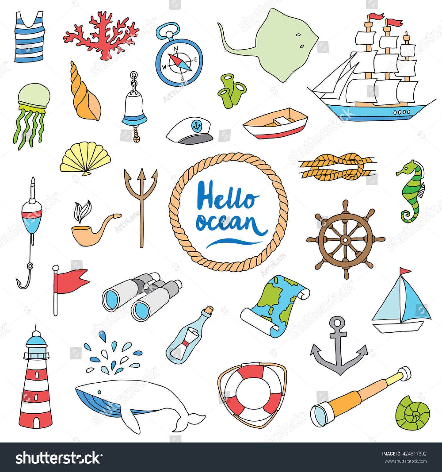 Handdrawn Ocean Doodles Set Stock Vector (Royalty Free) 424517392