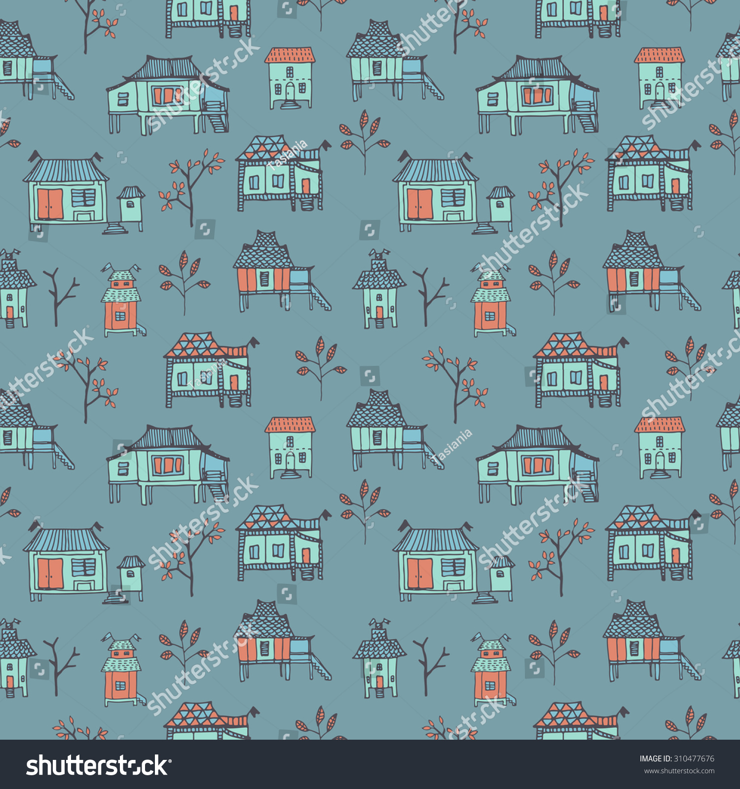 Hand Drawn Oriental Village Pattern Vector Stock Vector (Royalty Free ...