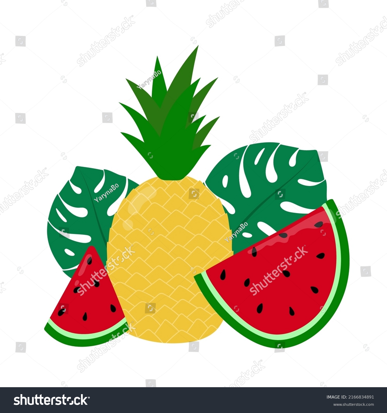 Hand Drawn Pineapple Watermelon Leaves Design Stock Vector Royalty