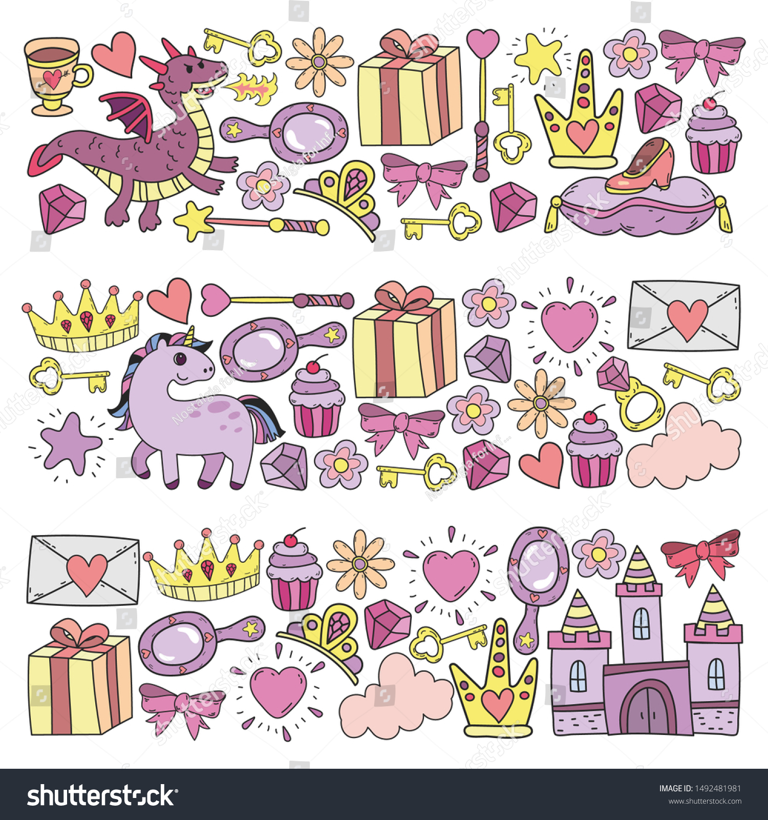 Handdrawn Princess Doodles Vector Cartoon: vector de stock (libre de ...