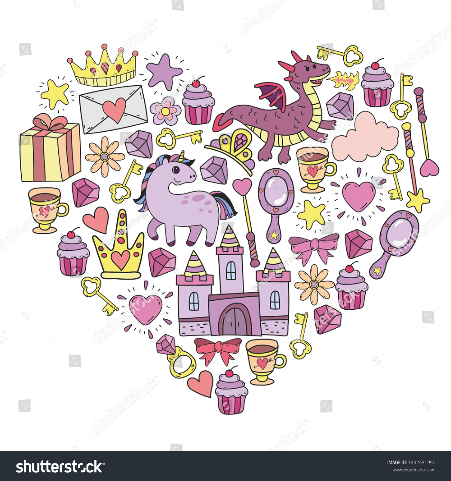 Handdrawn Princess Doodles Vector Cartoon: vector de stock (libre de ...