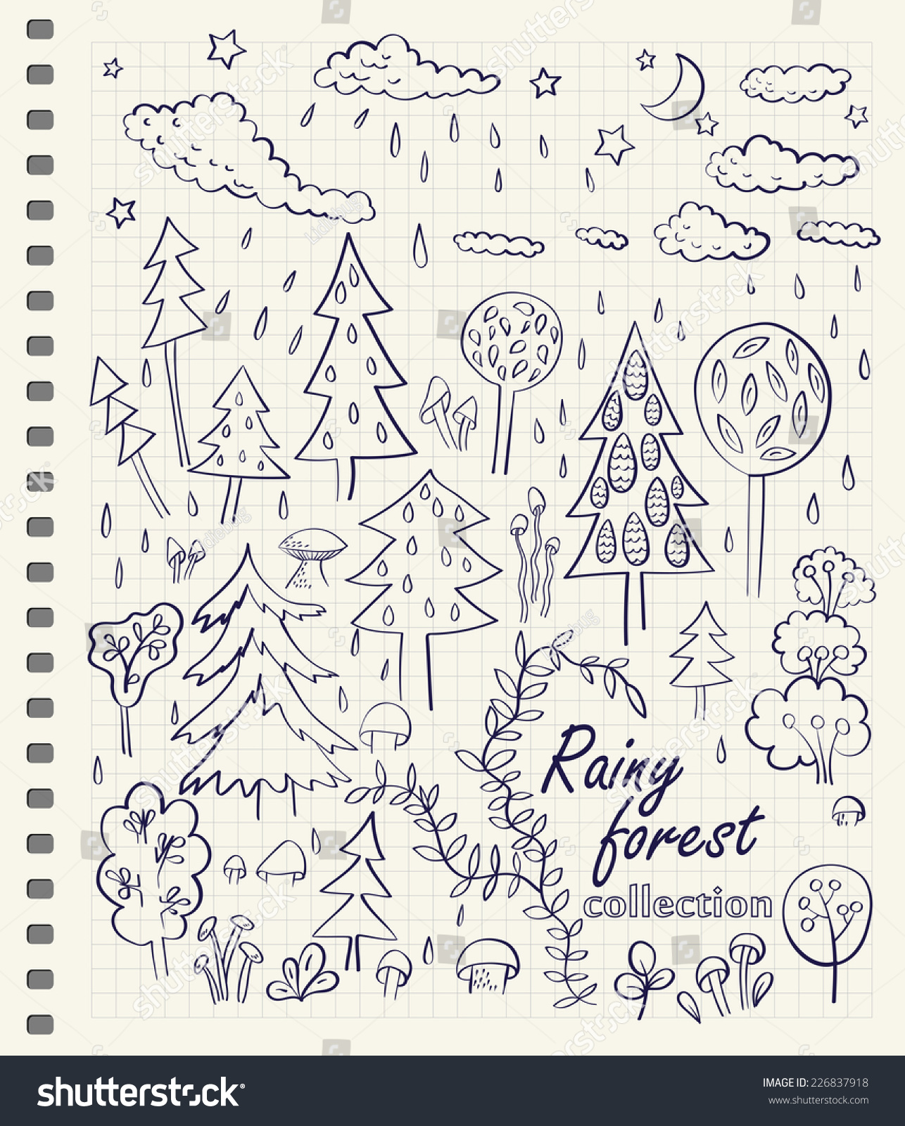 Hand Drawn Rainy Forest Doodle Design Stock Vector (Royalty Free) 226837918