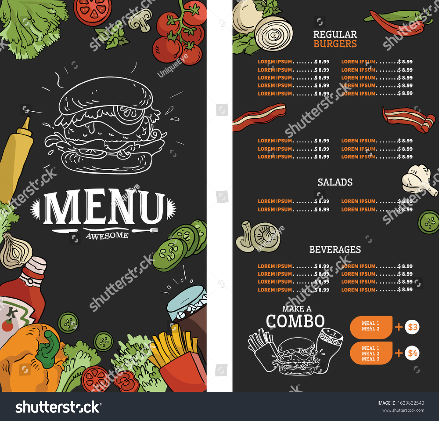 Hand Drawn Restaurant Menu Template Stock Vector (Royalty Free) 1629832540