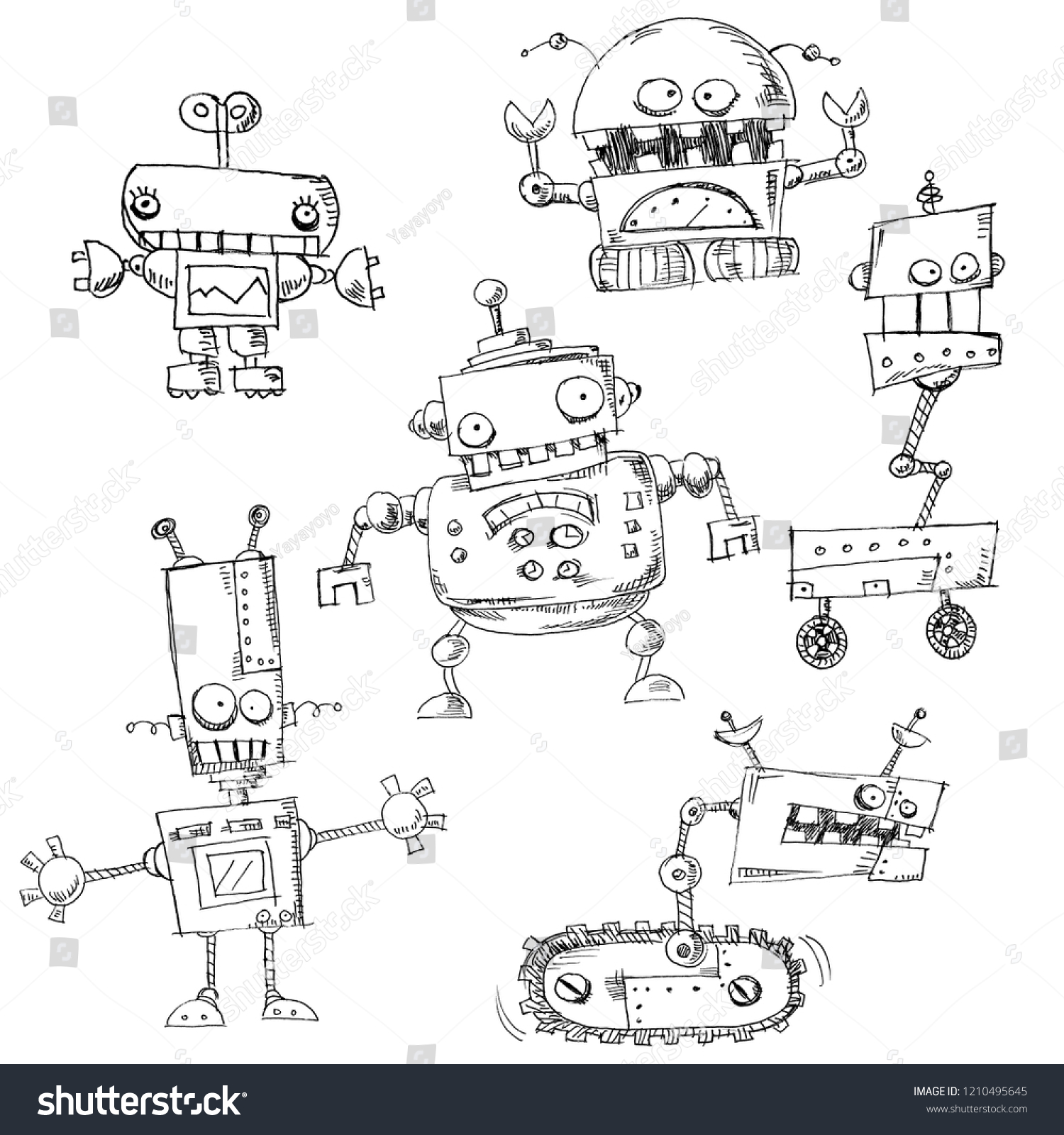 Hand Drawn Robot Doodles Isolated Stock Vector (Royalty Free) 1210495645