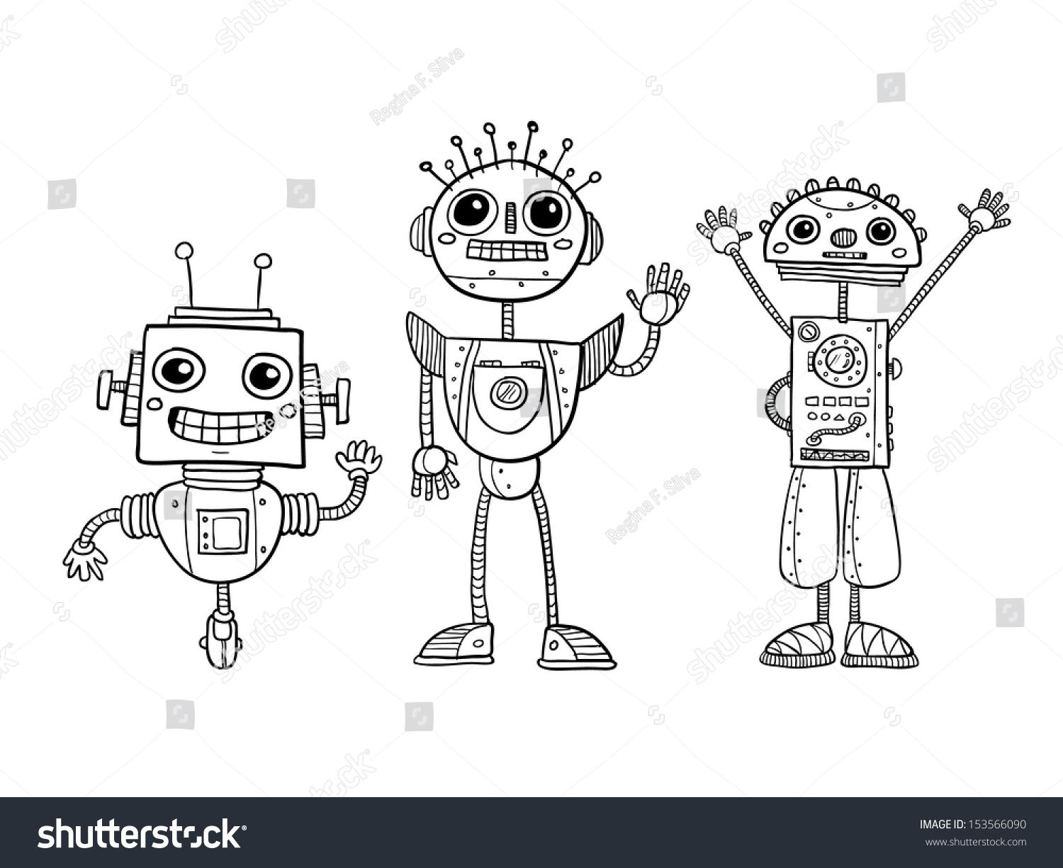 Hand Drawn Robots Line Drawing: เวกเตอร์สต็อก (ปลอดค่าลิขสิทธิ์) 153566090