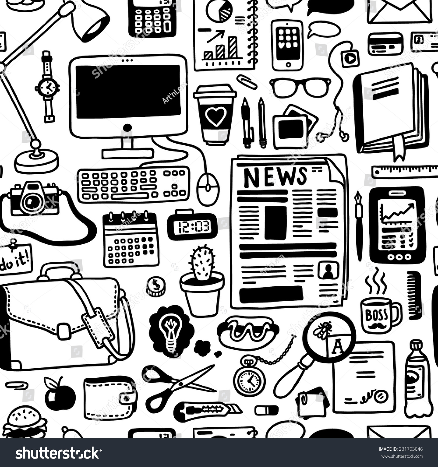 Handdrawn Seamless Pattern Office Doodles Stock Vector (Royalty Free ...