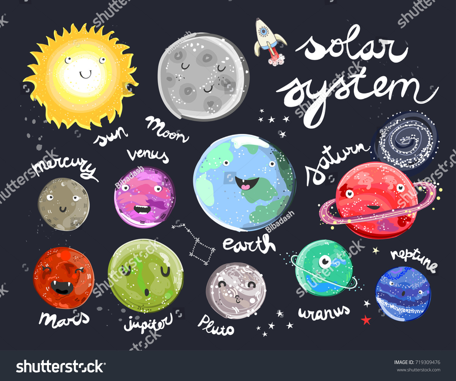 Hand Drawn Solar System Cute Faces Stock Vector (Royalty Free ...