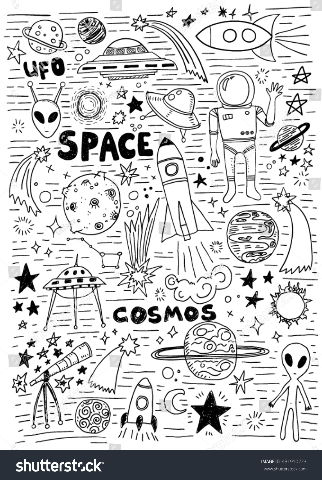 Hand Drawn Space Doodle Set Stock Vector (Royalty Free) 431910223 ...