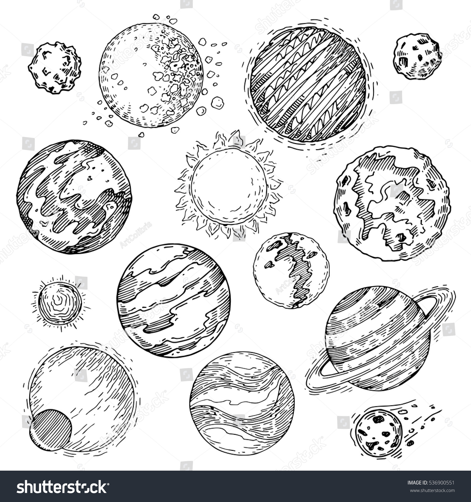 Hand Drawn Sun Planets Asteroids Other Stock Vector (Royalty Free ...