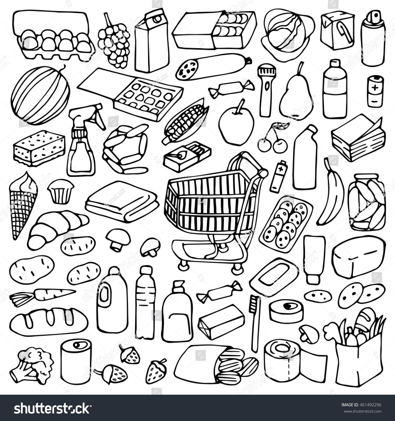 Hand Drawn Supermarket Elements Objects Doodle Stock Vector (Royalty ...