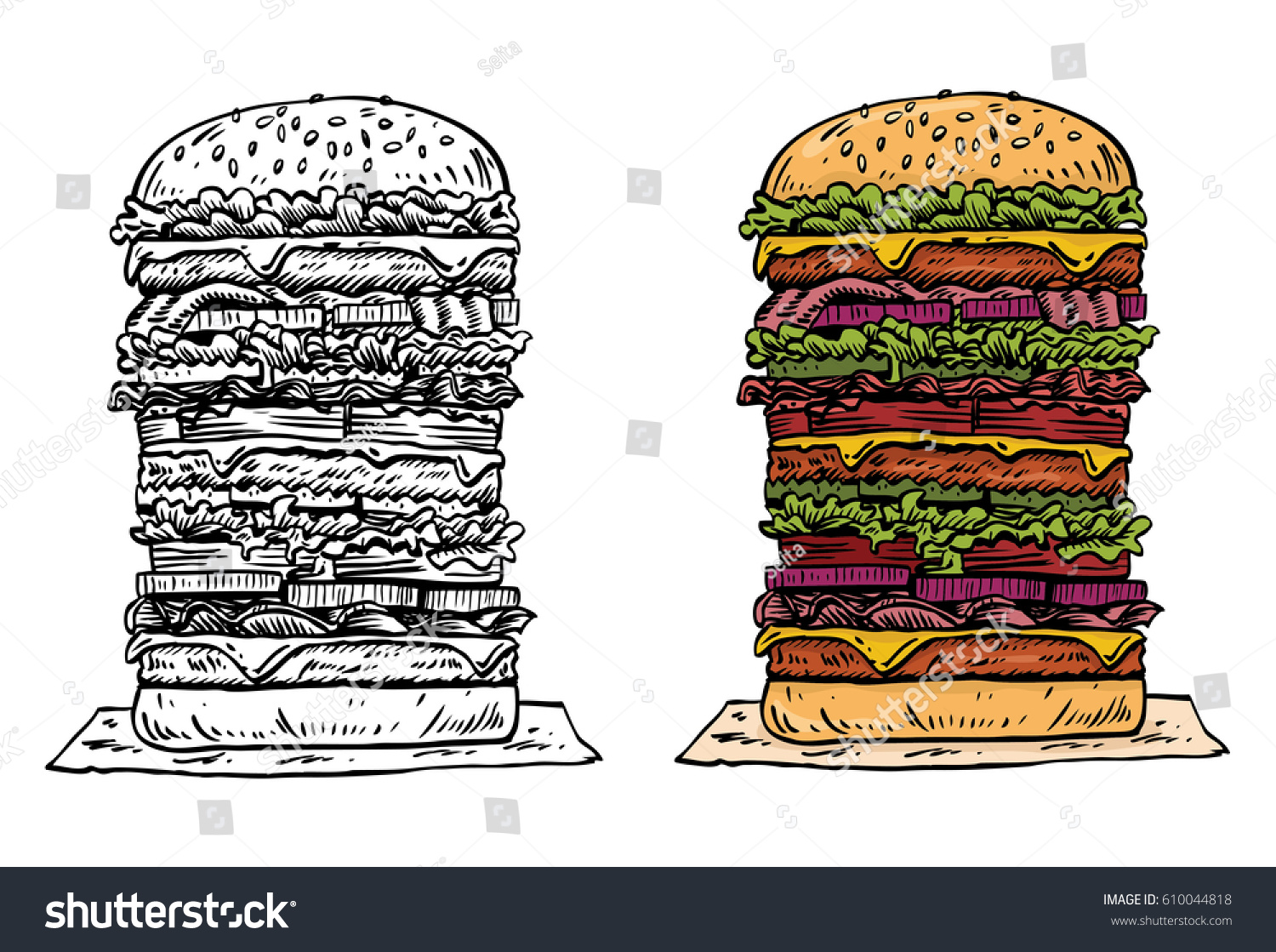 Hand Drawn Tall Beef Burger Vector Stock Vector (Royalty Free) 610044818