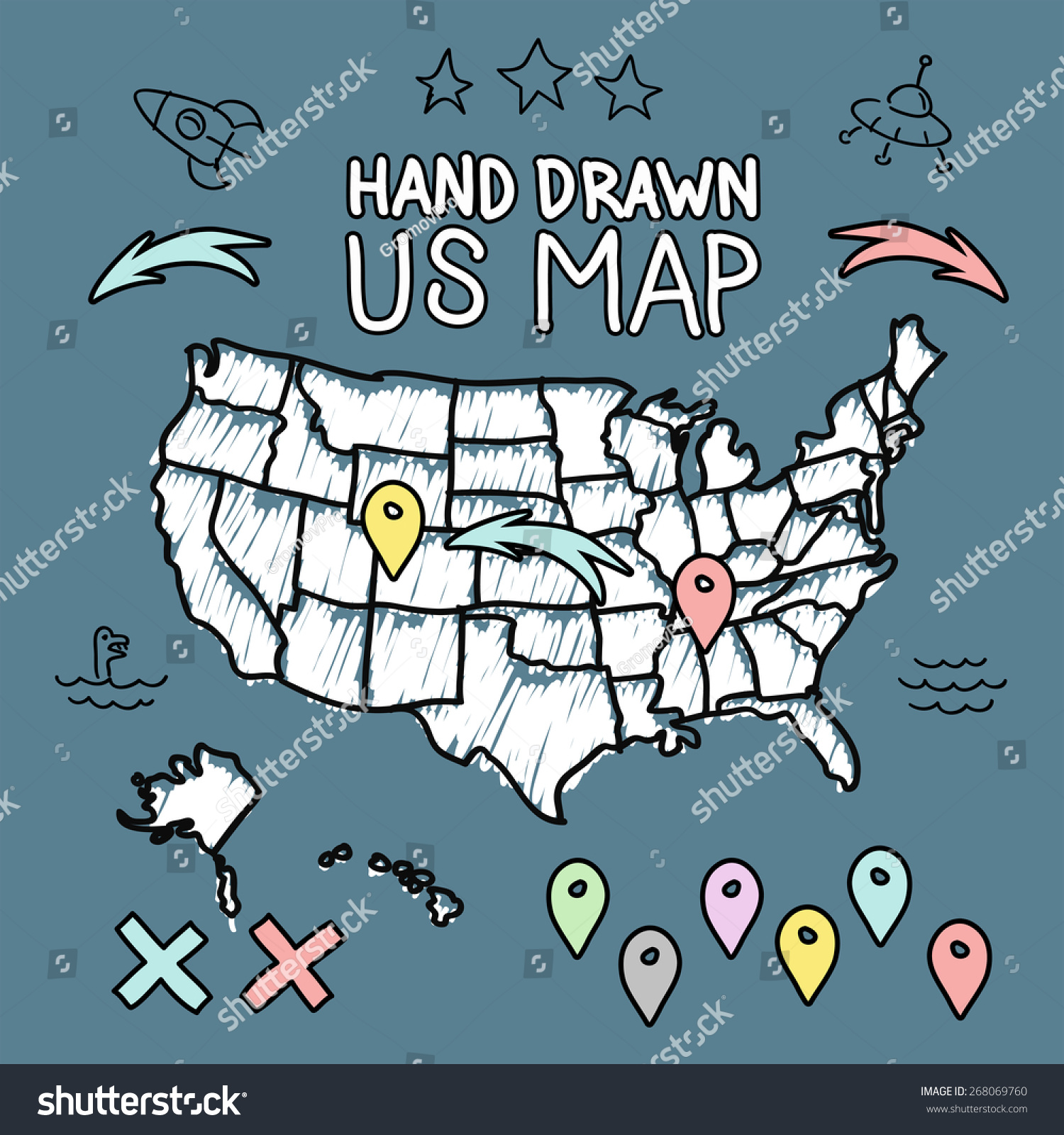 Hand Drawn Us Map On Chalkboard Stock Vector (Royalty Free) 268069760
