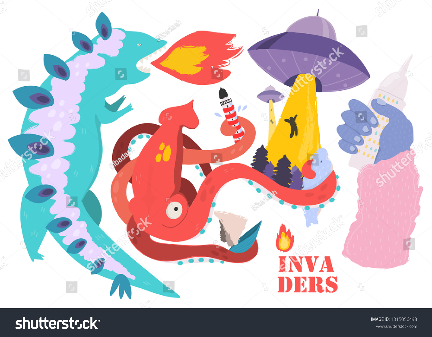 Hand Drawn Various Monsters Space Invaders: vector de stock (libre de ...