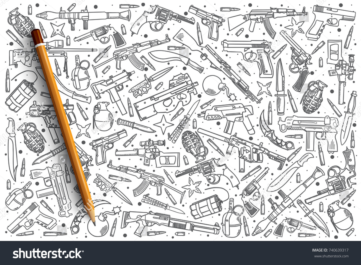 Hand Drawn Weapons Vector Doodle Set Stock Vector (Royalty Free) 740639317