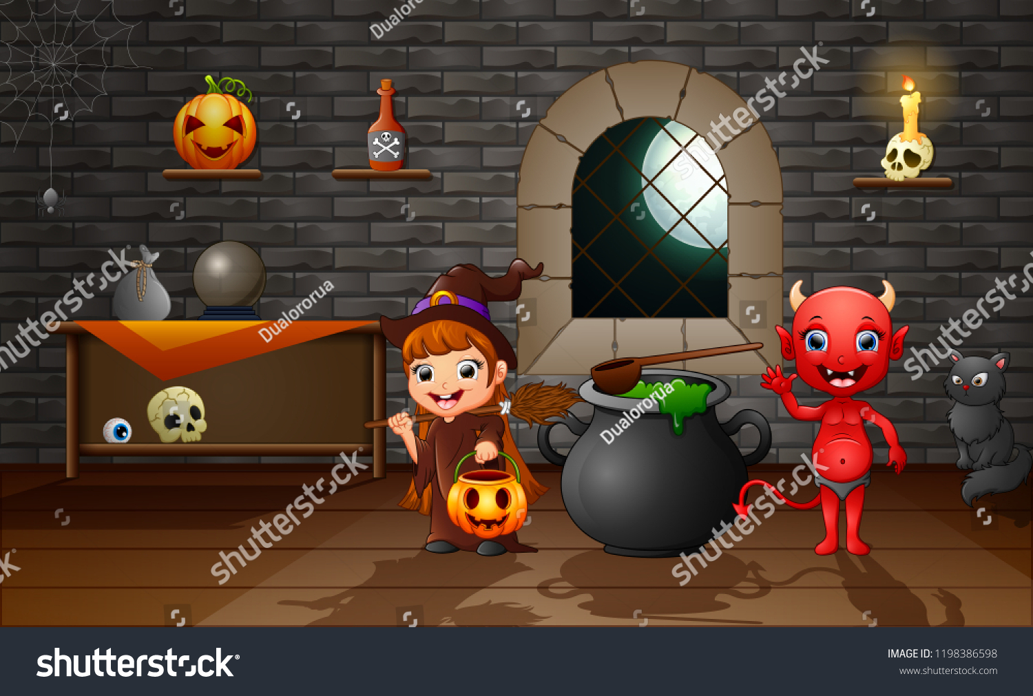 Vektor Stok Happy Cartoon Witch Red Devil (Tanpa Royalti) 1198386598 ...