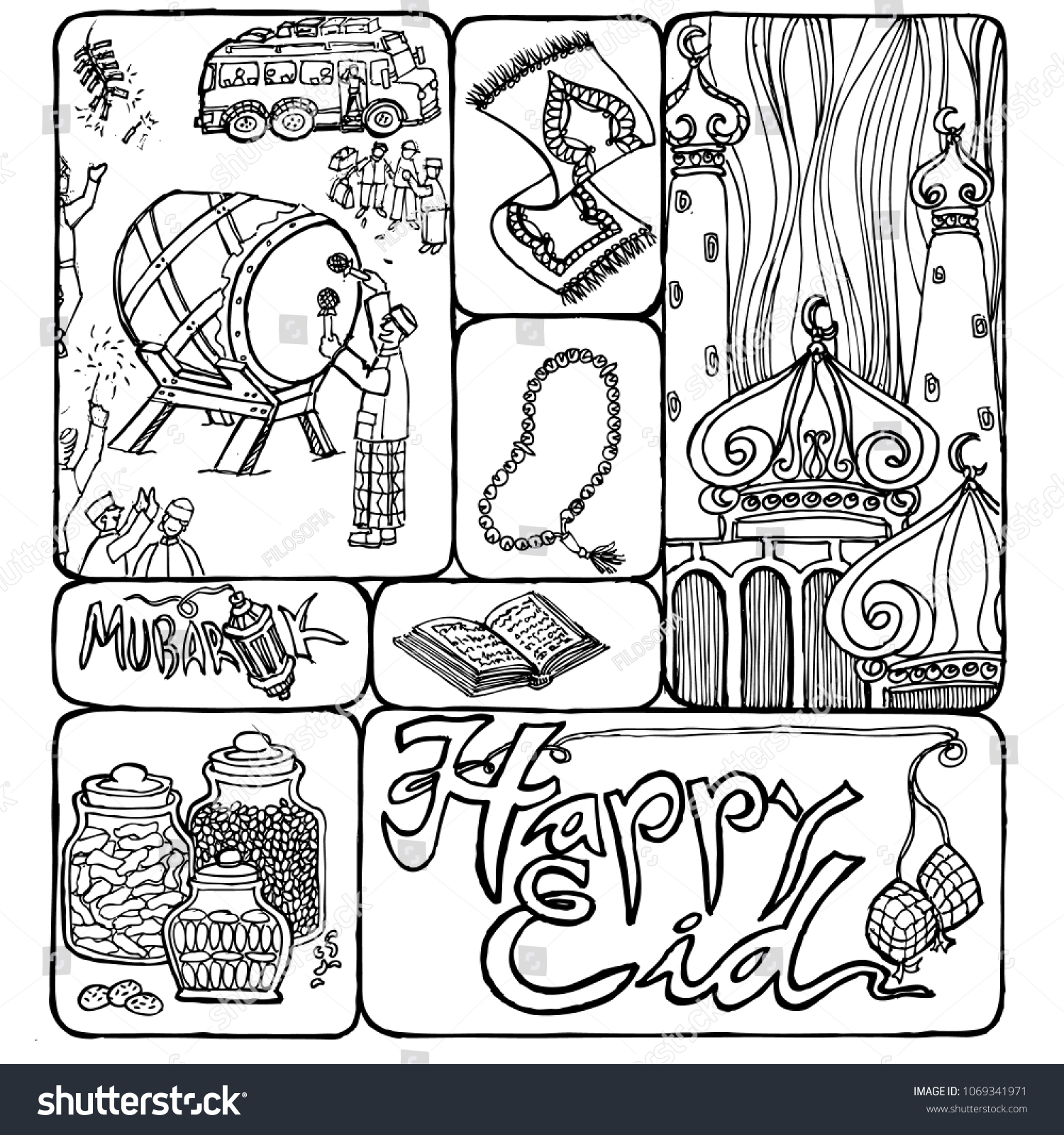 Happy Eid Mubarak Muslim Doodle Stock Vector (Royalty Free) 1069341971