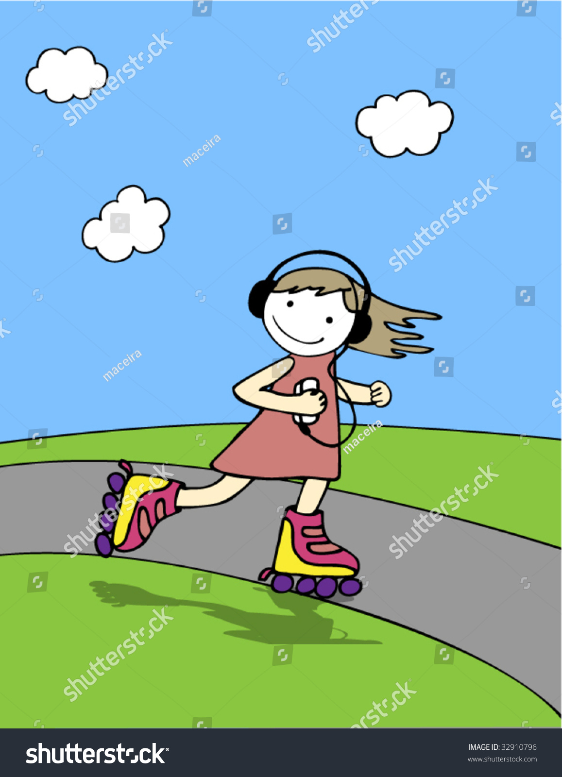 Happy Girl Roller Blades Series Vector Vector De Stock Libre De