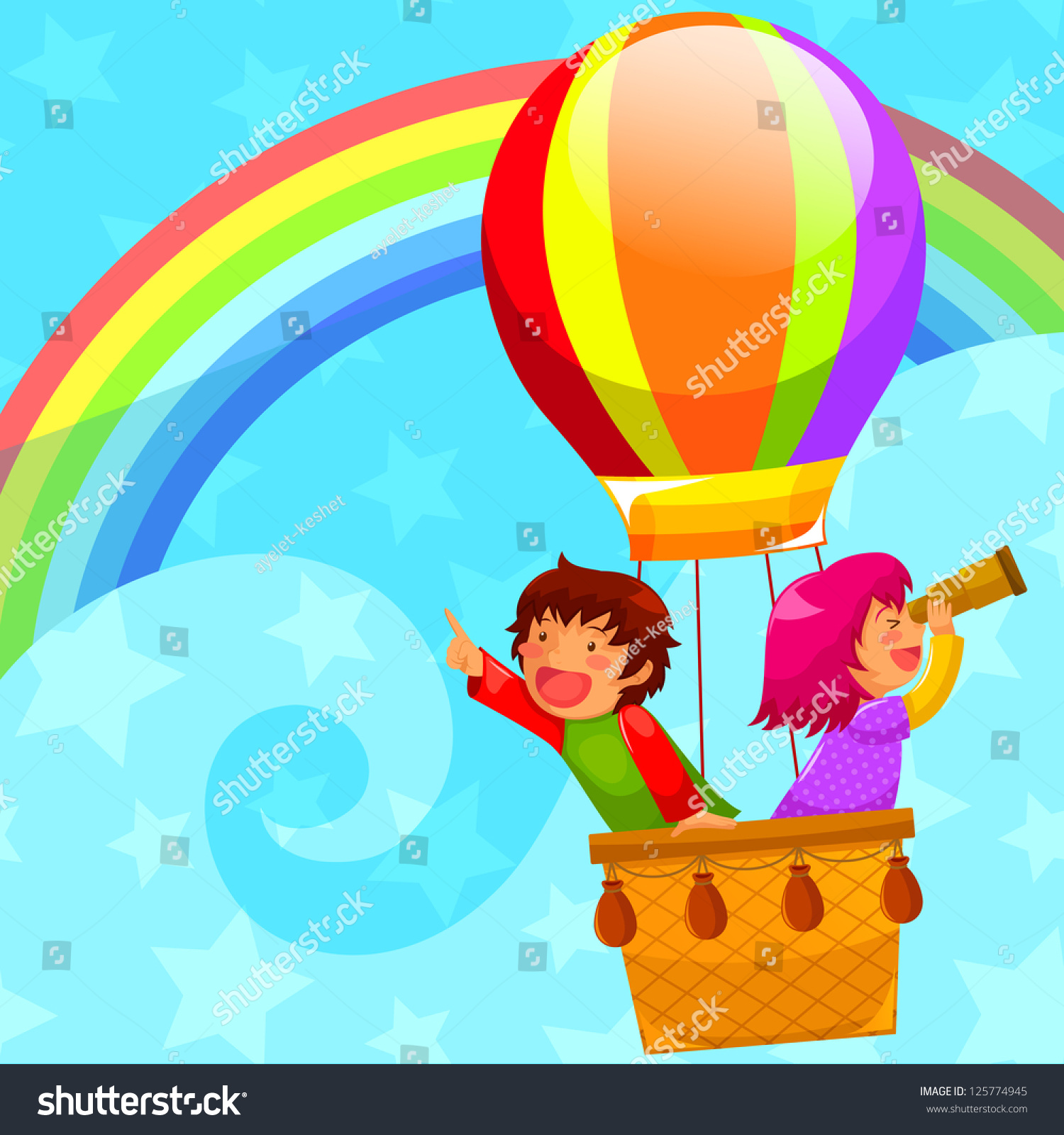 Happy Kids Flying Hot Air Balloon Stock Vector 125774945 - Shutterstock