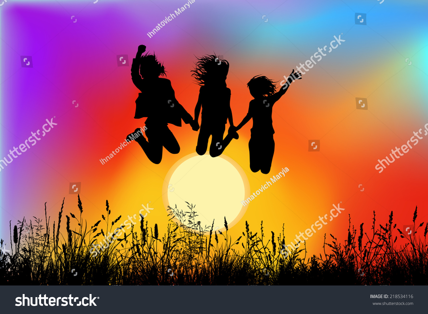 Happy People Jumping Sunset Vector Stock Vector (Royalty Free ...