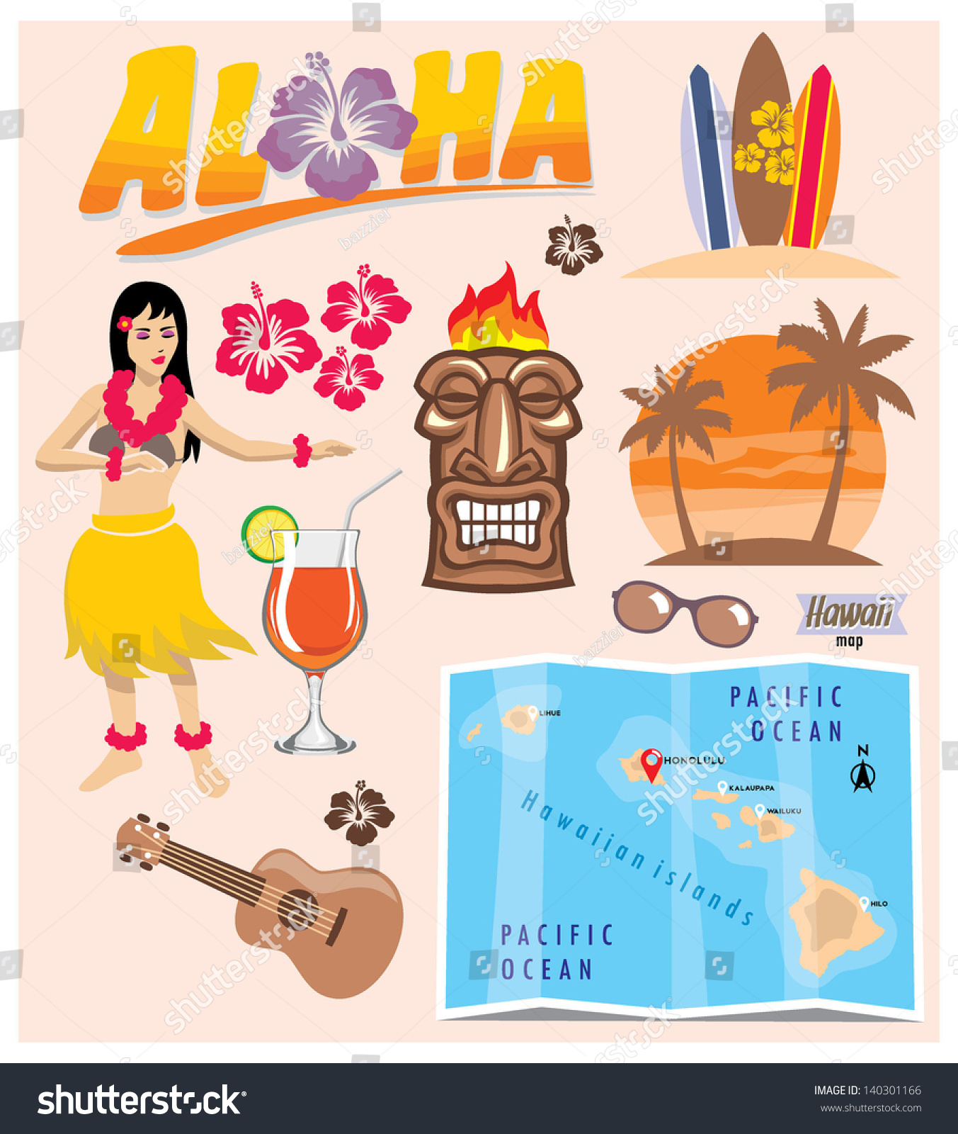 Hawaii Icon Set Stock Vector (Royalty Free) 140301166 | Shutterstock