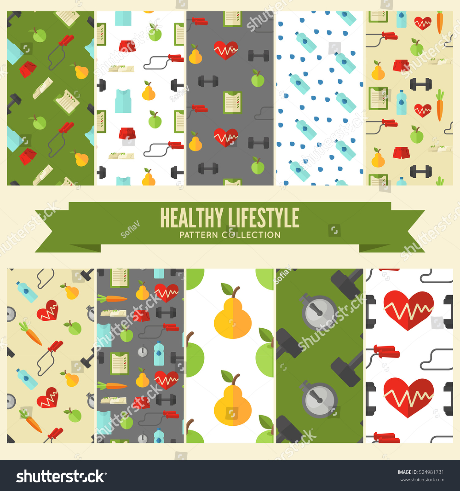 Healthy Lifestyle Seamless Pattern Set Vector Stock Vector (Royalty ...