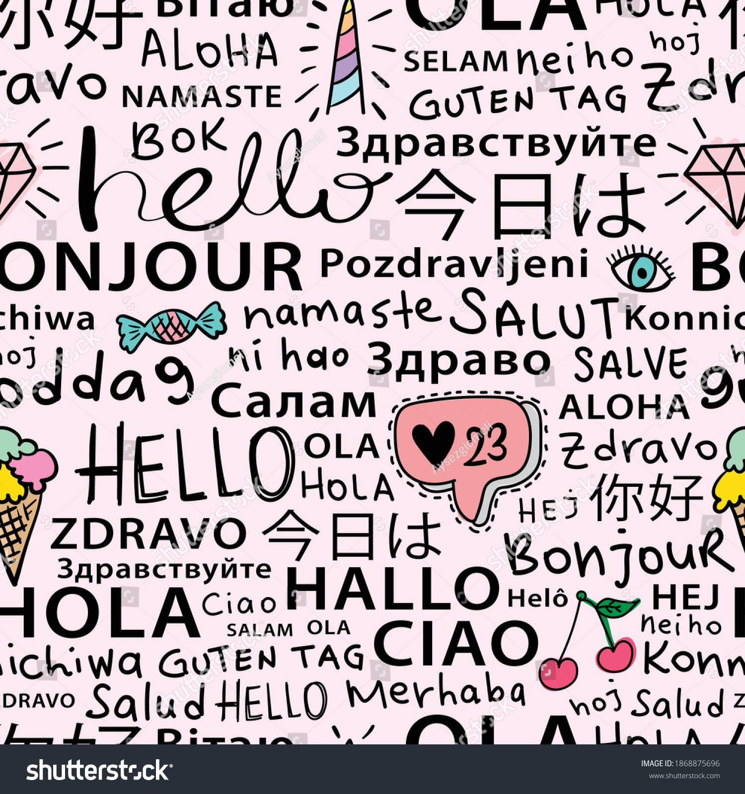 Hello Different Languages Cute Seamless Pattern Stock Vector (Royalty ...
