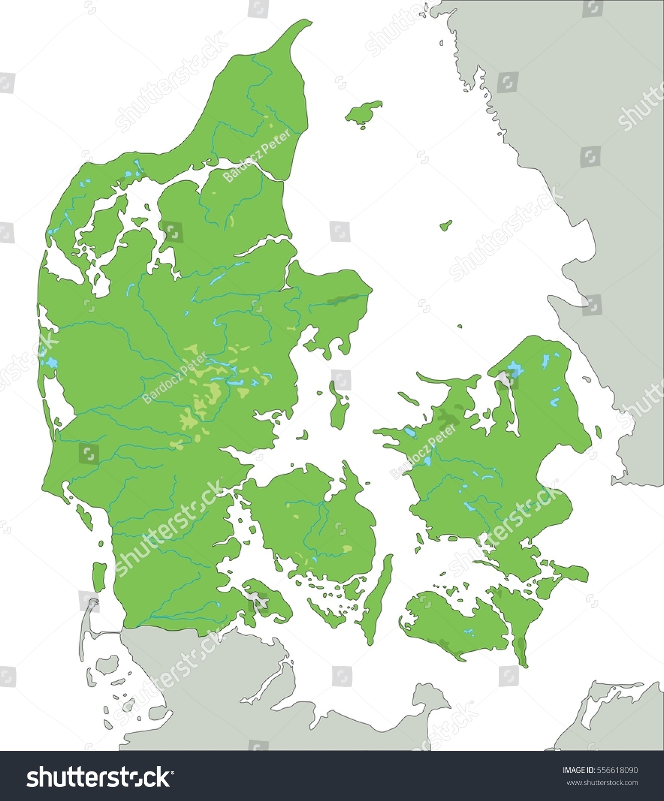 High Detailed Denmark Physical Map: เวกเตอร์สต็อก (ปลอดค่าลิขสิทธิ์ ...