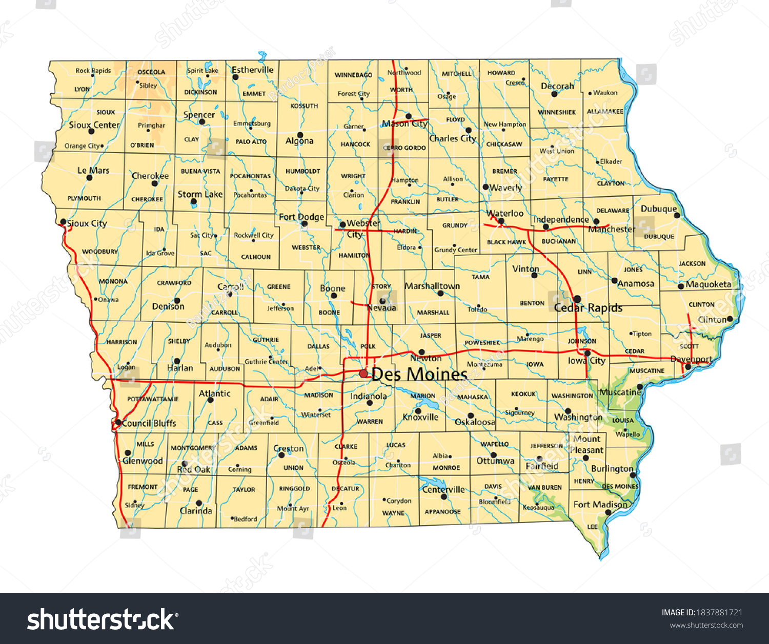 Carte physique détaillée de l'Iowa avec : image vectorielle de stock ... Carte physique détaillée de l'Iowa avec : image vectorielle de stock ...