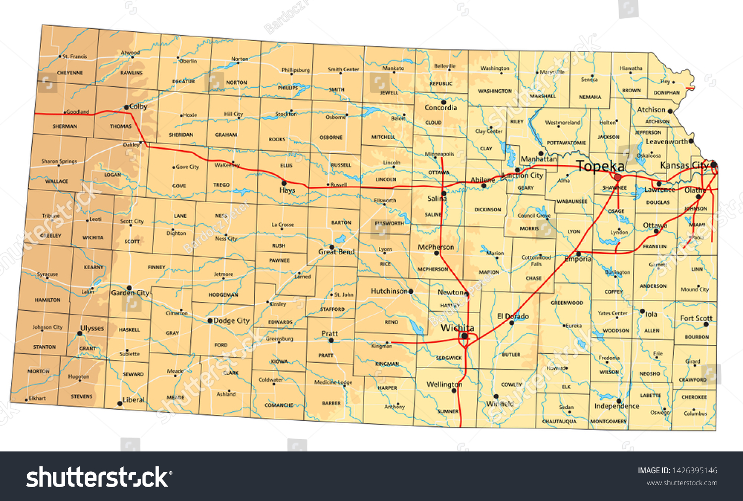 High Detailed Kansas Physical Map Labeling Stock Vector (Royalty Free ... High Detailed Kansas Physical Map Labeling Stock Vector (Royalty Free ...