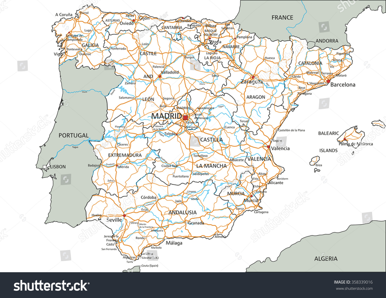 High Detailed Spain Road Map Labeling Stock Vector (Royalty Free ...