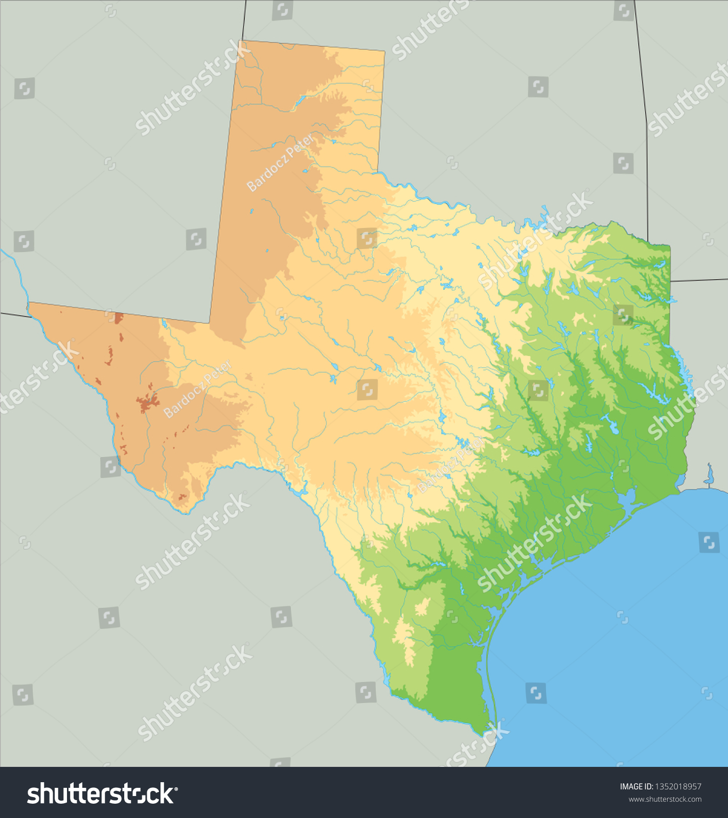 High Detailed Texas Physical Map Stock Vector (Royalty Free) 1352018957