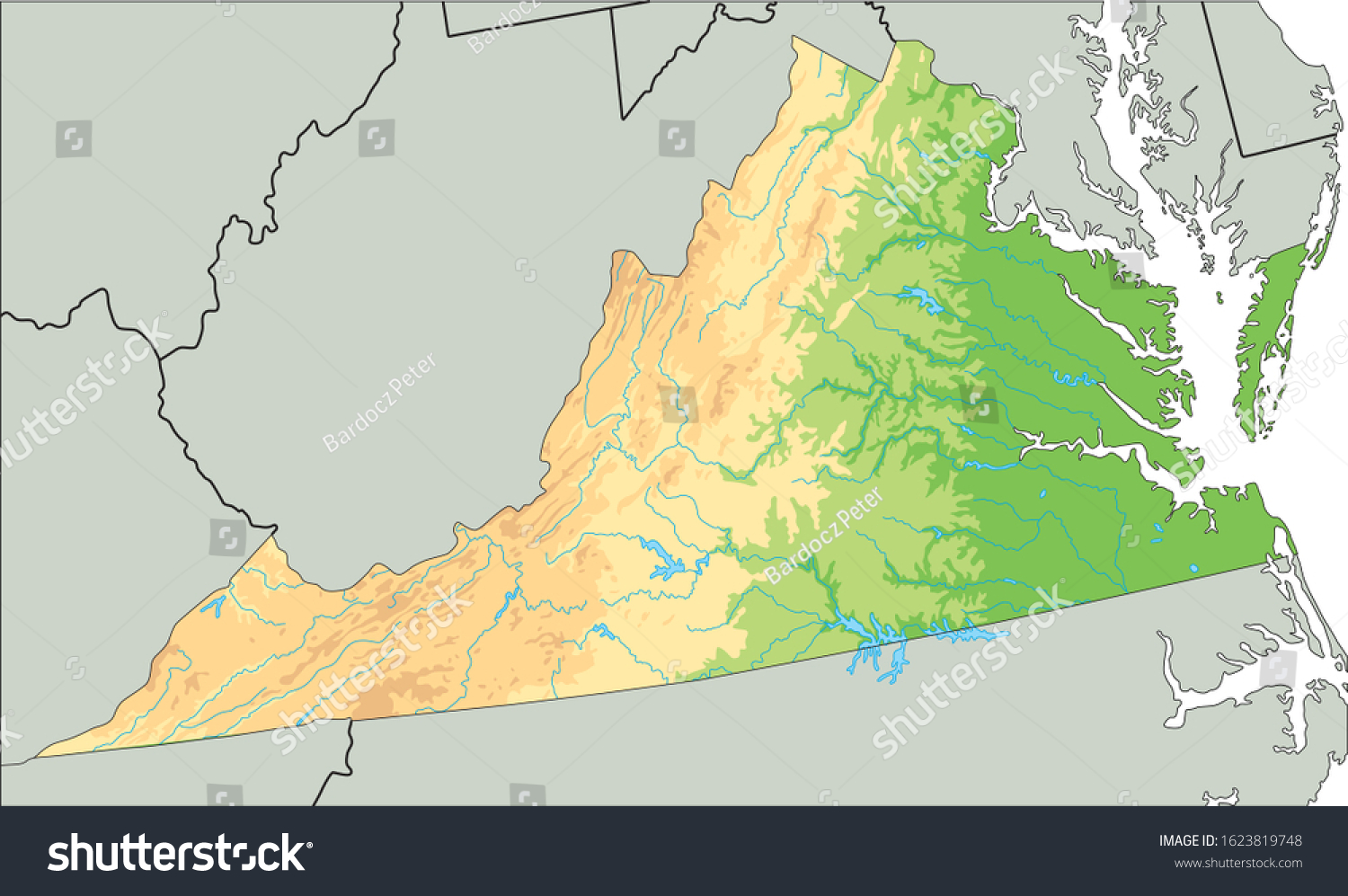 High Detailed Virginia Physical Map: เวกเตอร์สต็อก (ปลอดค่าลิขสิทธิ์ ...