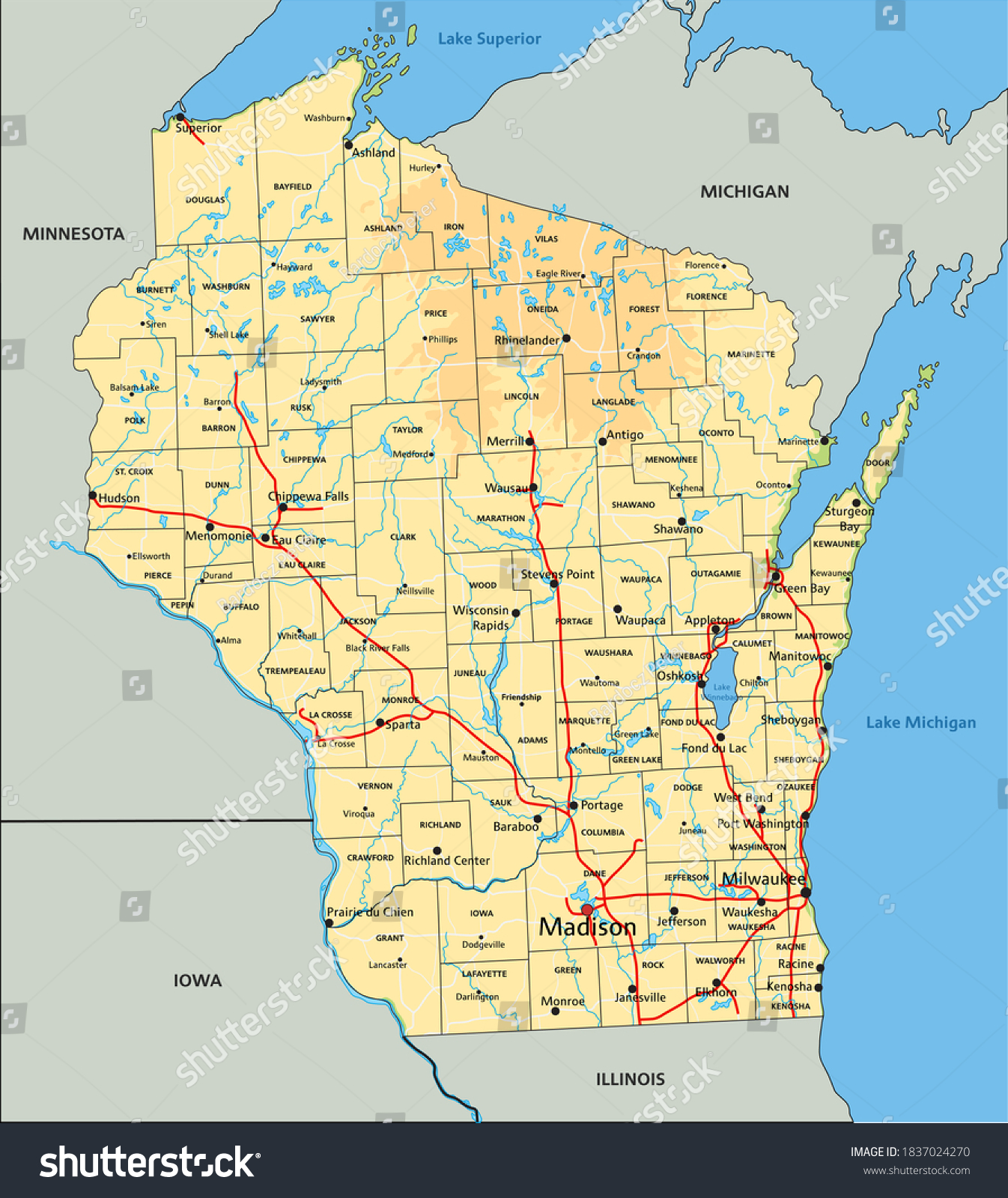 High Detailed Wisconsin Physical Map Labeling Stock Vector (Royalty ... High Detailed Wisconsin Physical Map Labeling Stock Vector (Royalty ...