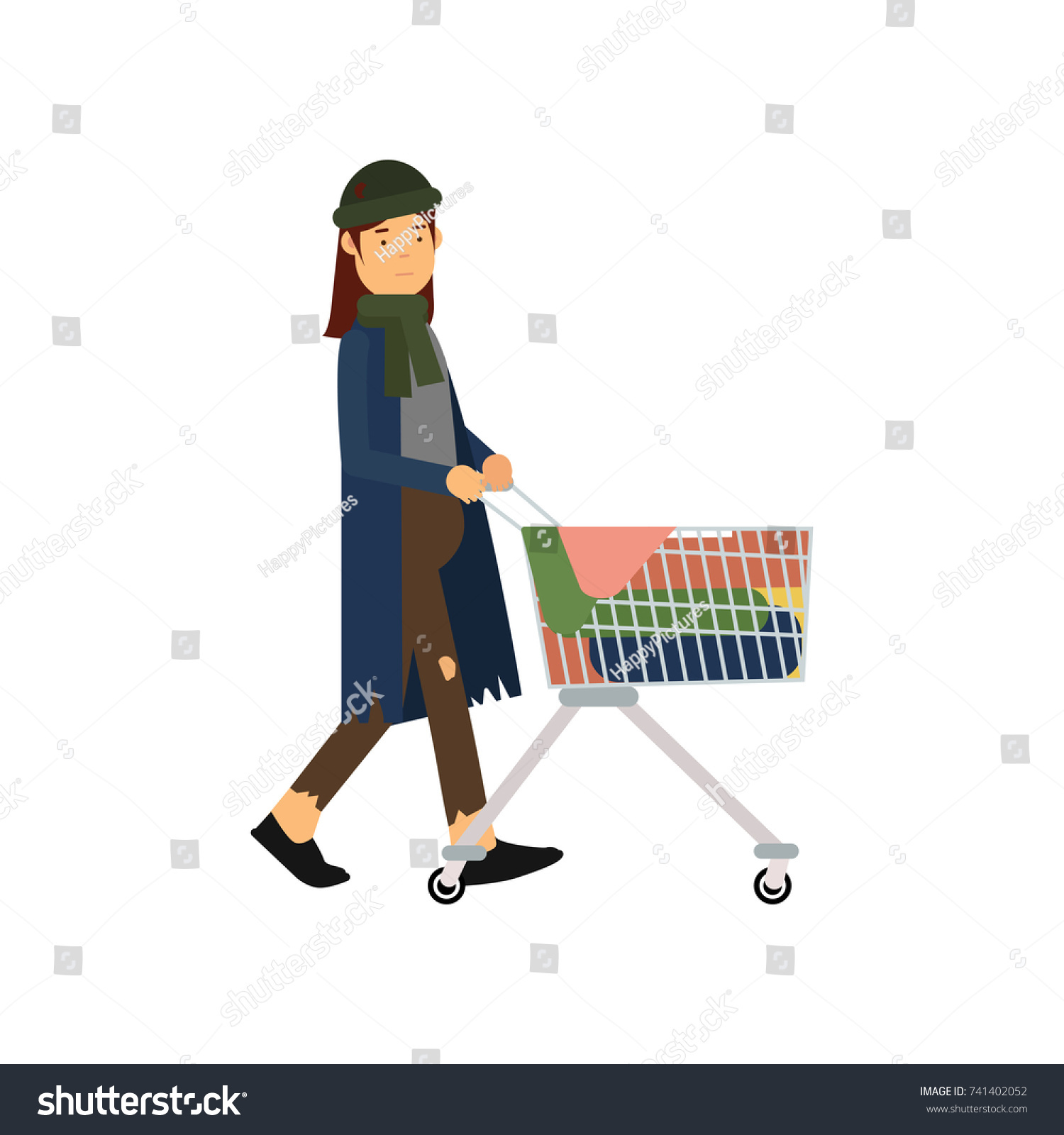 Homeless Woman Pushing Shopping Cart Her เวกเตอร์สต็อก ปลอดค่า